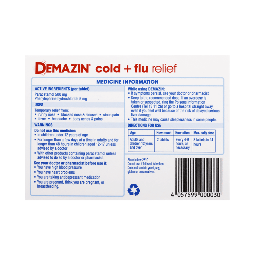 Demazin Cold & Flu Relief 24 Tablets | Specialist Clinic Pharmacy